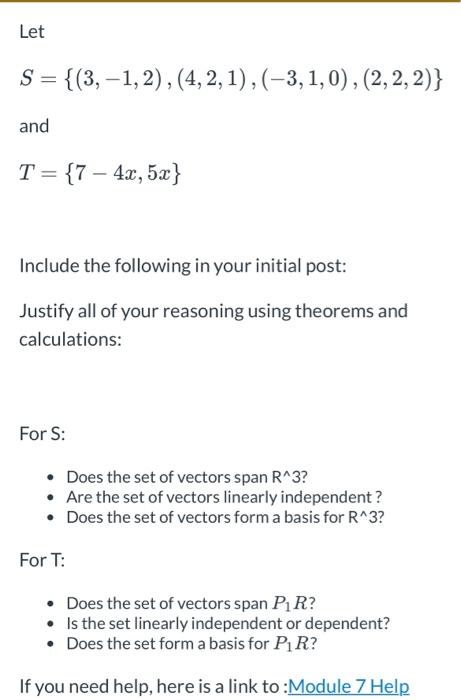 Solved Let S = {(3,−1, 2), (4, 2, 1), (−3, 1, 0), (2, 2, 2)} | Chegg.com