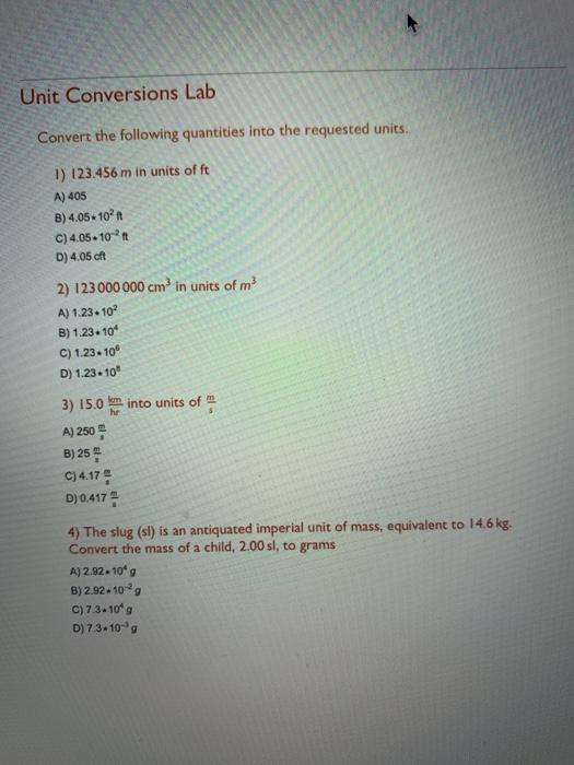 Solved Unit Conversions Lab Convert the following quantities | Chegg.com