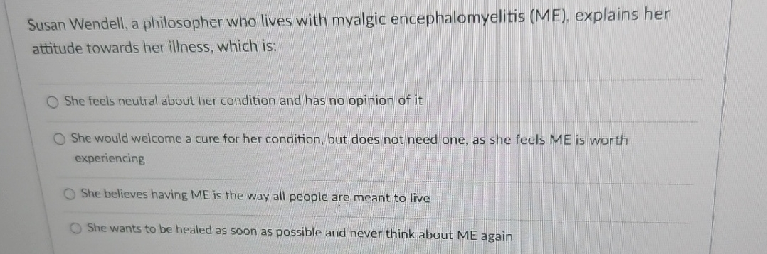 Solved Susan Wendell, a philosopher who lives with myalgic | Chegg.com