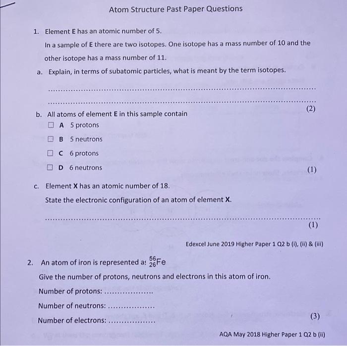 Solved 1. Element E has an atomic number of 5 . In a sample | Chegg.com