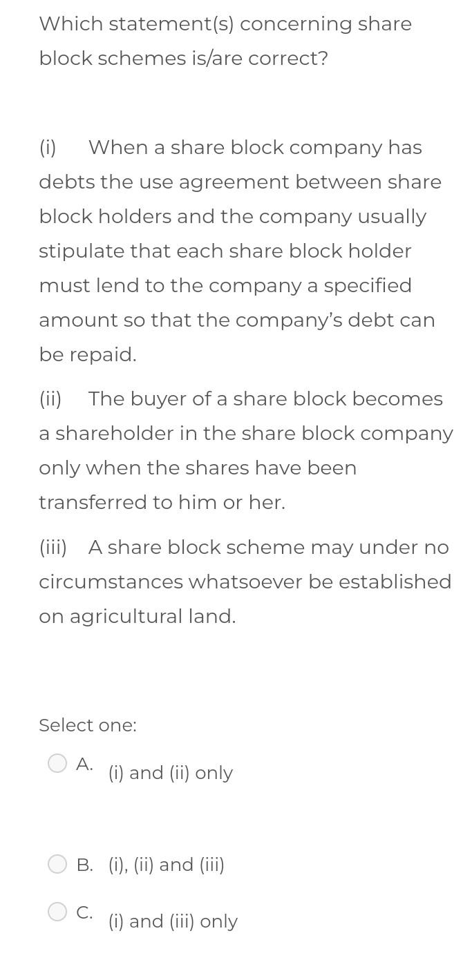 Solved Which statement(s) concerning share block schemes | Chegg.com