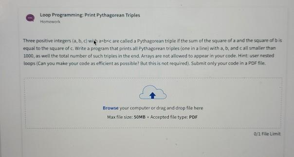 Solved Loop Programming: Print Pythagorean Triples Homework | Chegg.com
