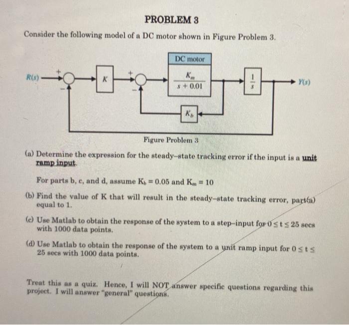 Solved PROBLEM 3 Consider the following model of a DC motor | Chegg.com