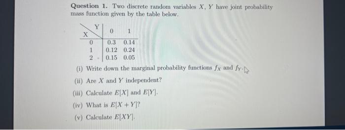 Solved Question 1. Two discrete random variables X,Y have | Chegg.com