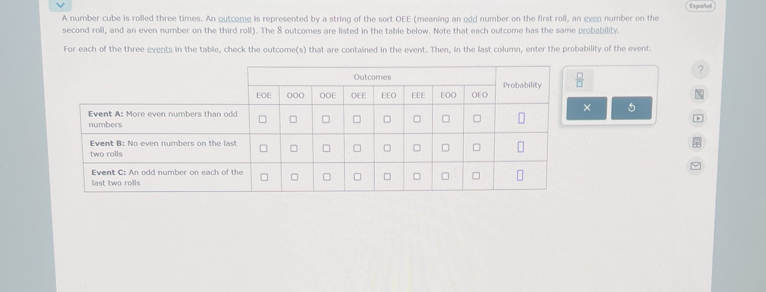 Solved EspañolA number cube is rolled three times. An | Chegg.com