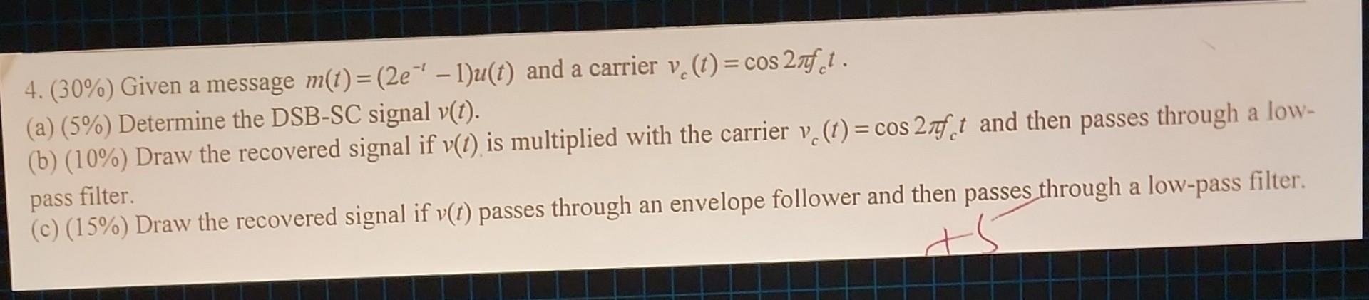 Solved 4. (30%) Given a message m(t)=(2e−t−1)u(t) and a | Chegg.com