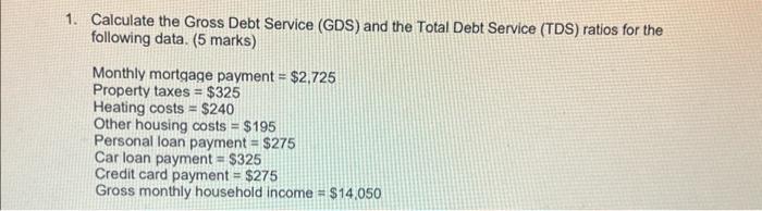 Solved 1. Calculate the Gross Debt Service (GDS) and the | Chegg.com