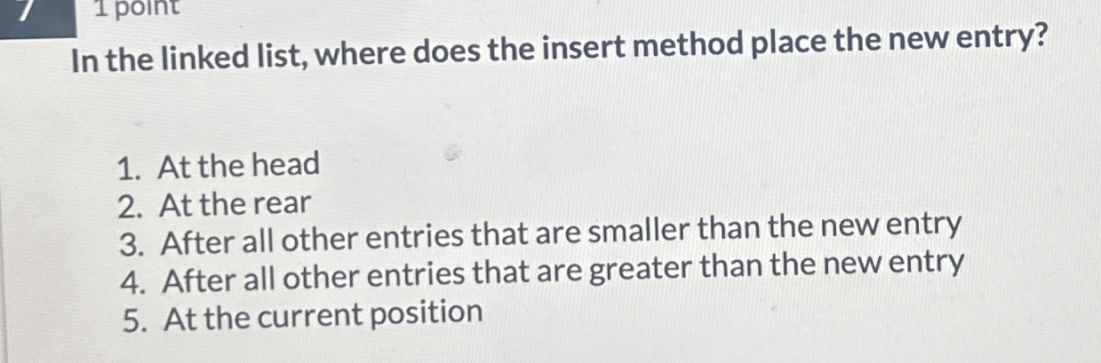 Solved In the linked list, where does the insert method | Chegg.com