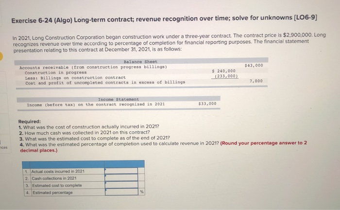 Solved Exercise 6-24 (Algo) Long-term contract; revenue | Chegg.com