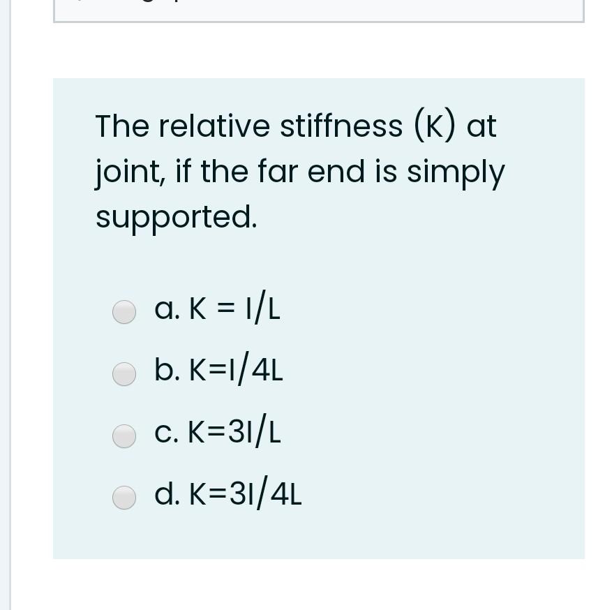 Solved The relative stiffness (k) at joint, if the far end | Chegg.com