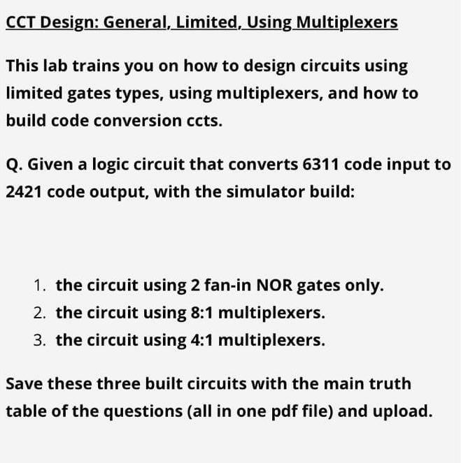 Solved CCT Design: General, Limited, Using Multiplexers This | Chegg.com