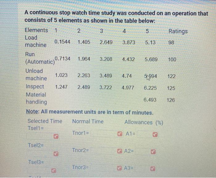 Solved A continuous stop watch time study was conducted on | Chegg.com
