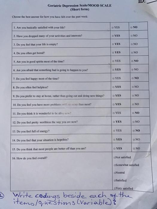 Solved Geriatric Depression Scale/MOOD SCALE (Short form) | Chegg.com