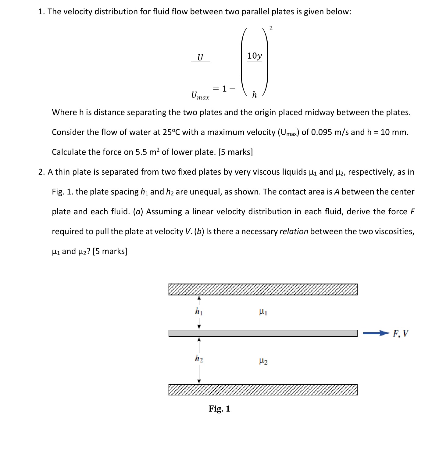 Solved The velocity distribution for fluid flow between two | Chegg.com