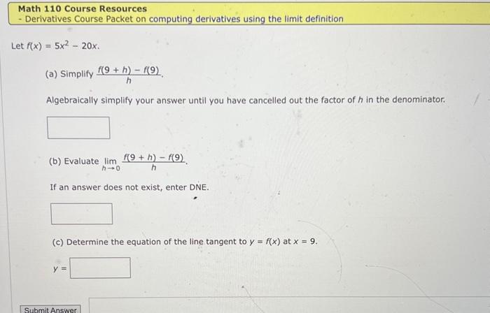 Solved Math 110 Course Resources - Derivatives Course Packet | Chegg.com