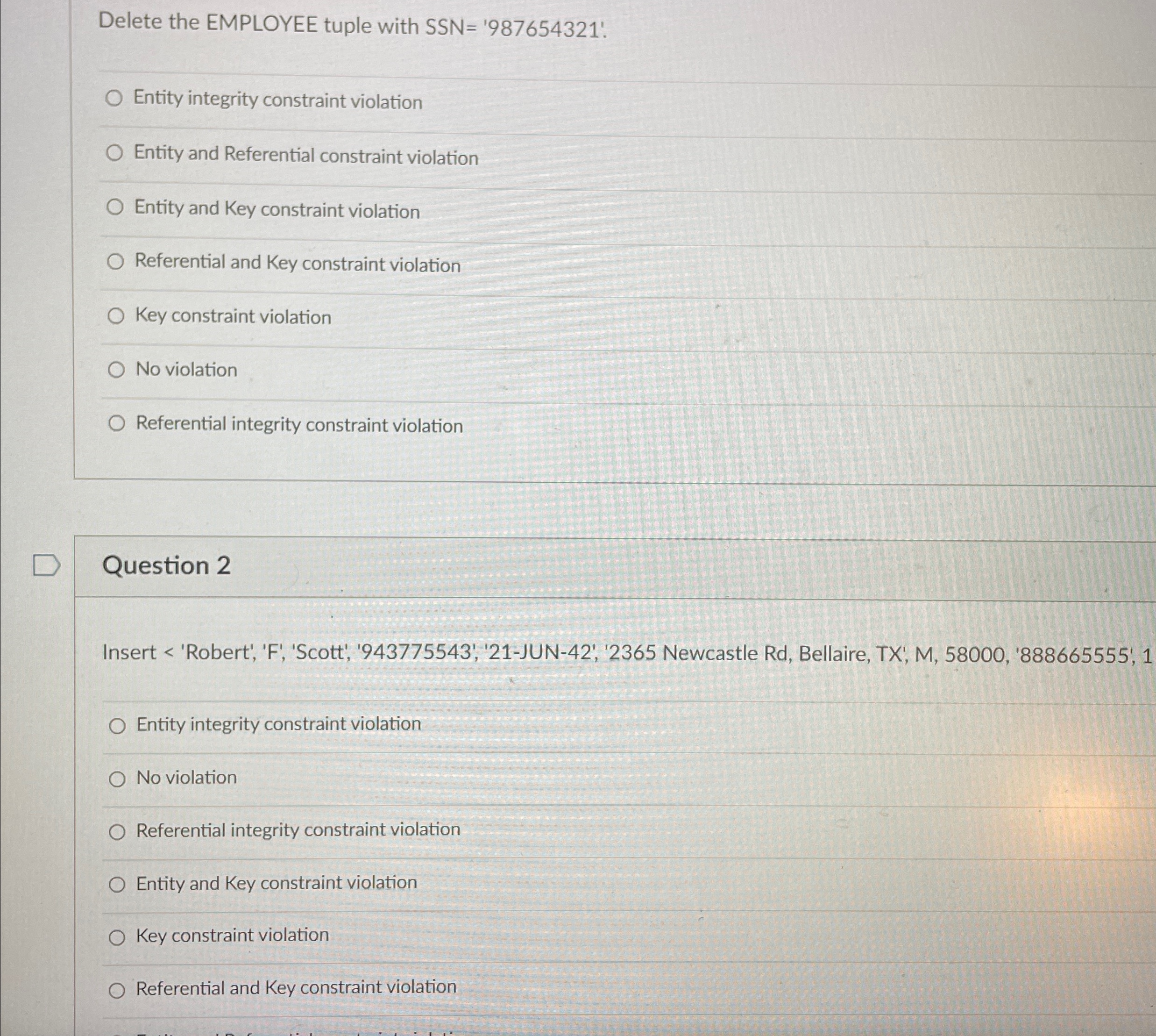Solved Delete the EMPLOYEE tuple with | Chegg.com
