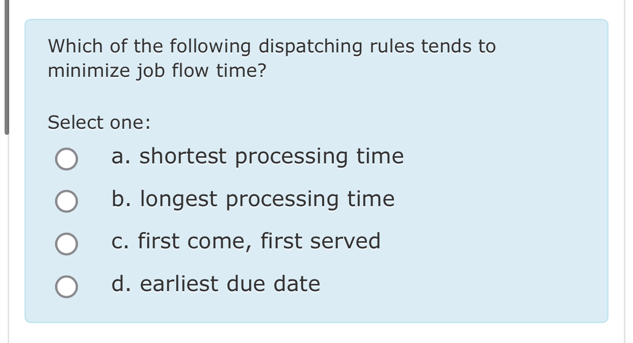 Solved Which of the following dispatching rules tends to | Chegg.com