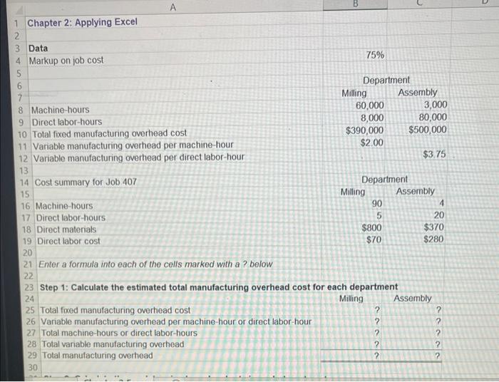 Solved A Chapter 2: Applying Excel Data Markup on job cost | Chegg.com