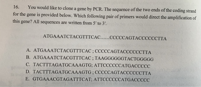 Solved 16. You would like to clone a gene by PCR. The | Chegg.com
