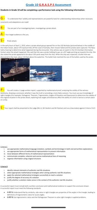 Grade 10 G.R.A.S.P.S Assessment Students in Grade 10 | Chegg.com