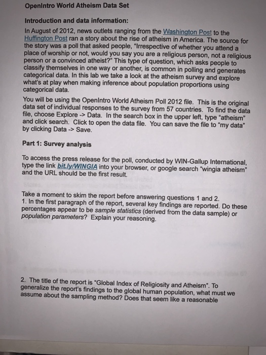 OpenIntro World Atheism Data Set Introduction and | Chegg.com