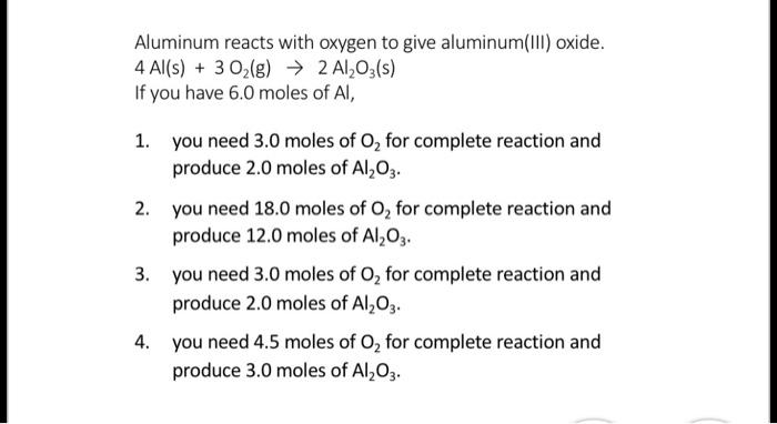 Solved Aluminum reacts with oxygen to give aluminum(III) | Chegg.com