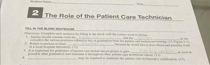 Solved 2 The Role of the Patient Care Technician FILL IN THE | Chegg.com