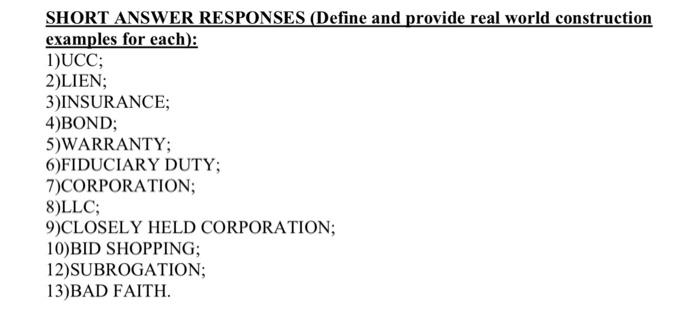 Solved SHORT ANSWER RESPONSES (Define and provide real world | Chegg.com