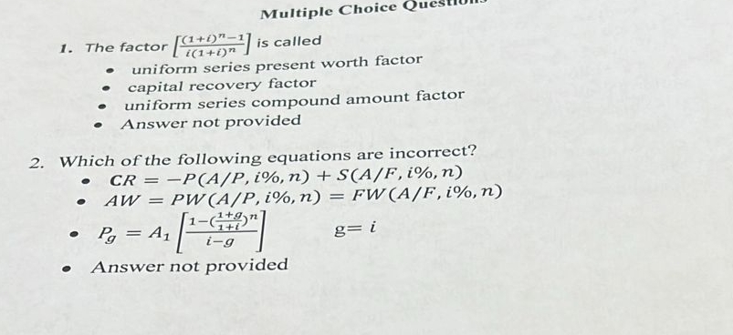 Solved The factor (1+i)n-1i(1+i)n ﻿is calleduniform series | Chegg.com