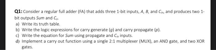 Solved Q1: Consider a regular full adder (FA) that adds | Chegg.com