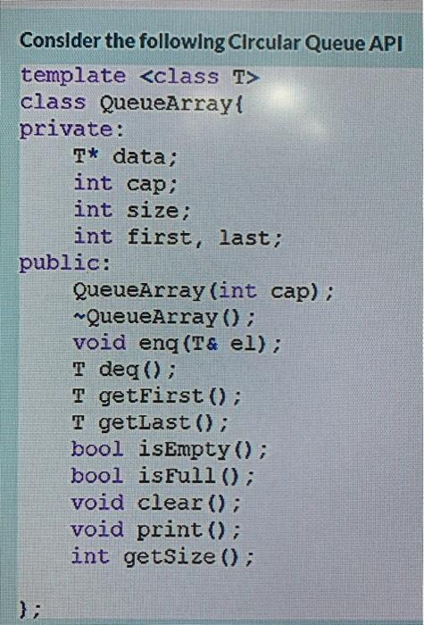 Solved Consider the following Circular Queue API template | Chegg.com