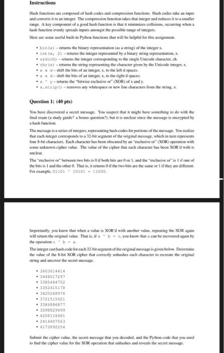Solved Instructions Hash functions are composed of hash | Chegg.com