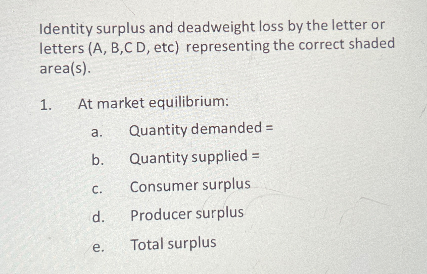 Solved Identity surplus and deadweight loss by the letter or | Chegg.com