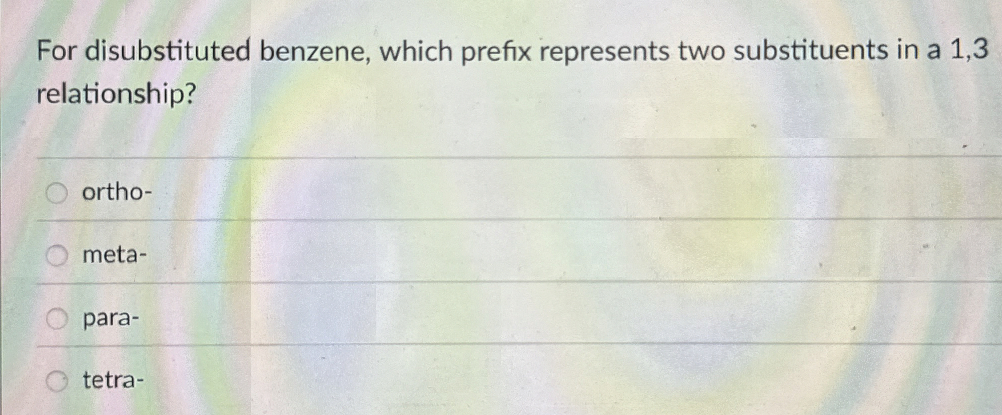 Solved For disubstituted benzene, which prefix represents | Chegg.com