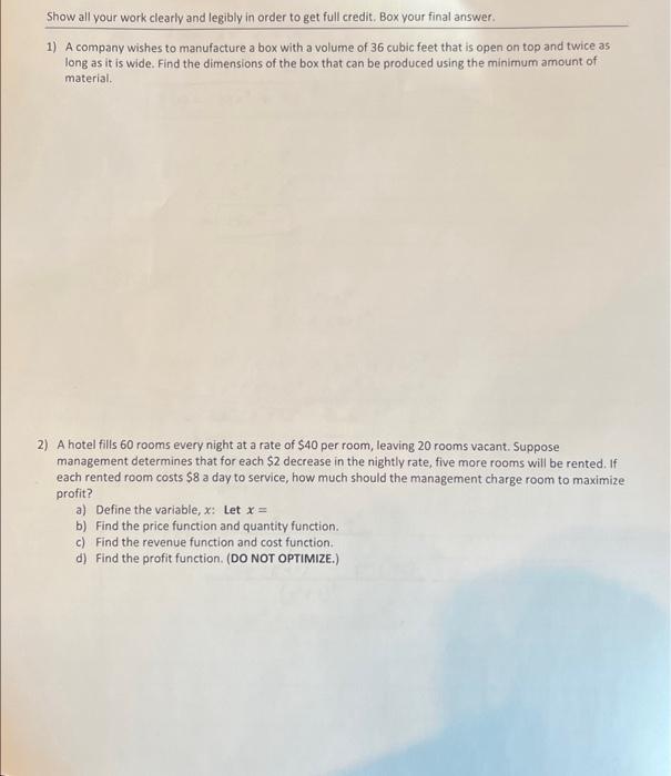 Solved Show all your work clearly and legibly in order to | Chegg.com