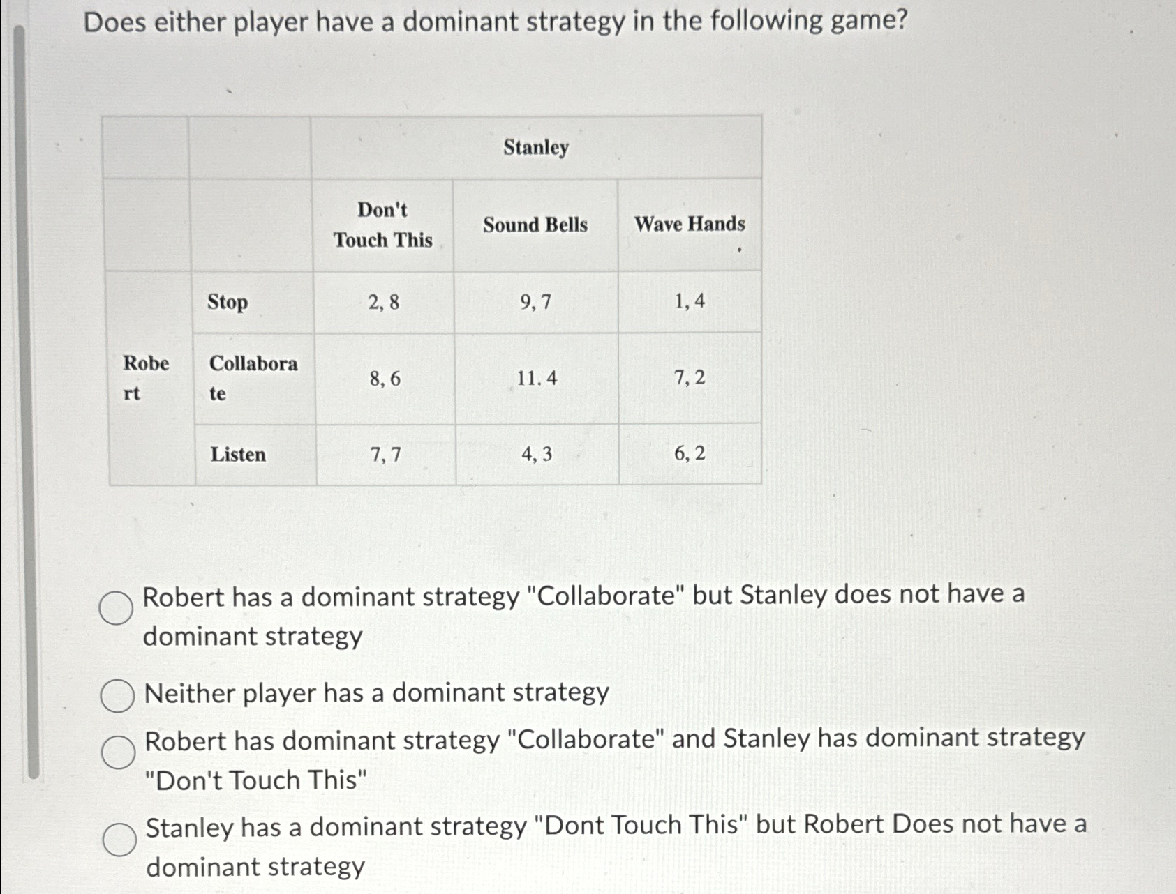 Solved Does either player have a dominant strategy in the | Chegg.com