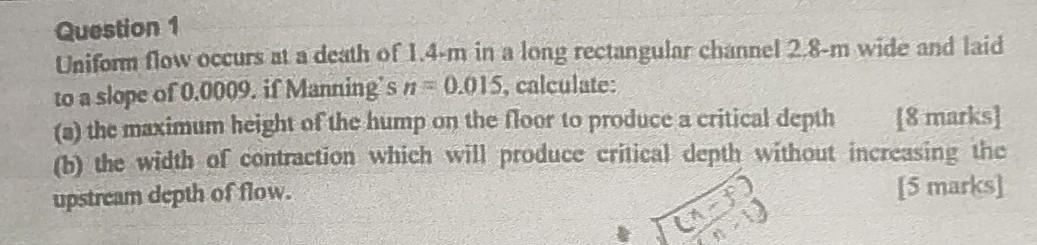 Solved Question 1 Uniform flow occurs at a death of 1.4-m in | Chegg.com