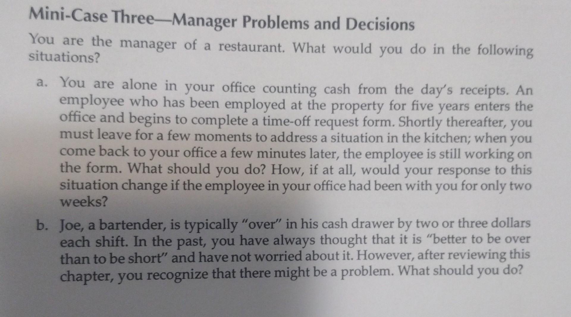 Solved Mini-Case Three-Manager Problems and Decisions You | Chegg.com