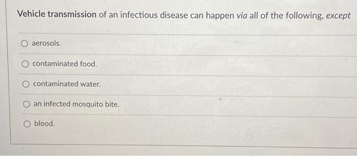Solved Vehicle transmission of an infectious disease can | Chegg.com
