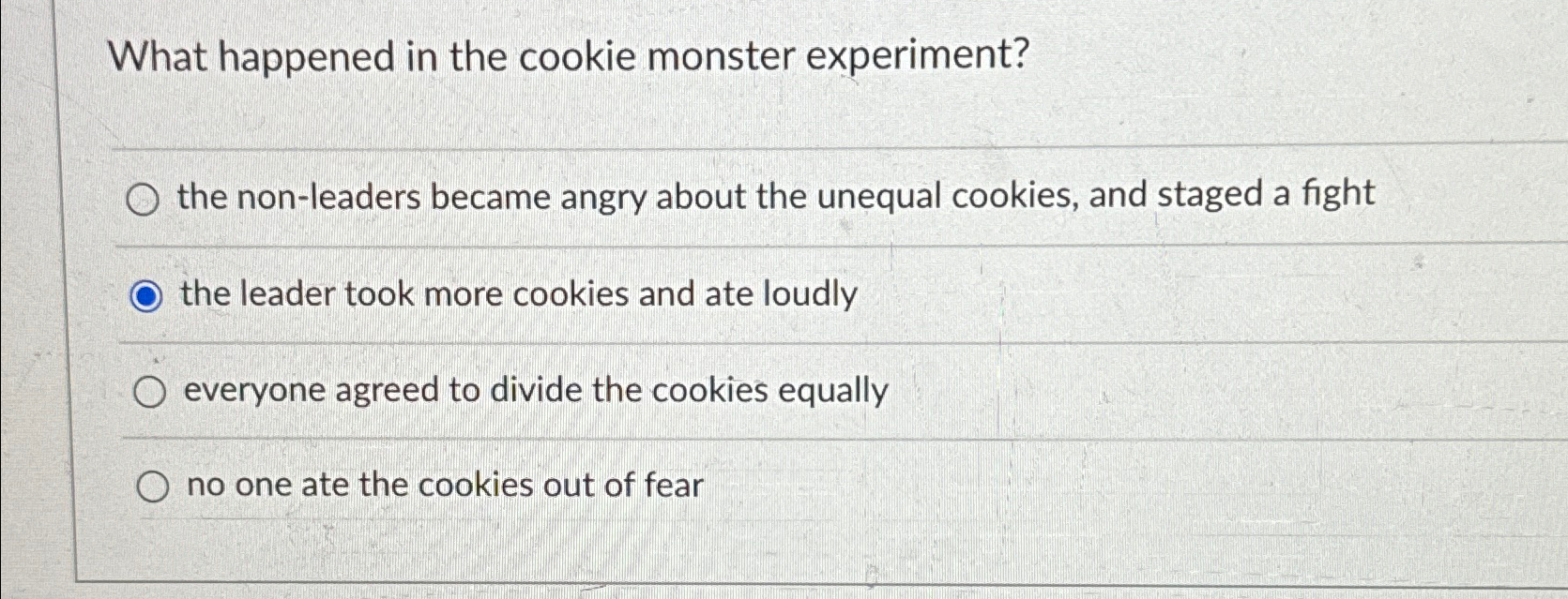 Solved What happened in the cookie monster experiment?the | Chegg.com