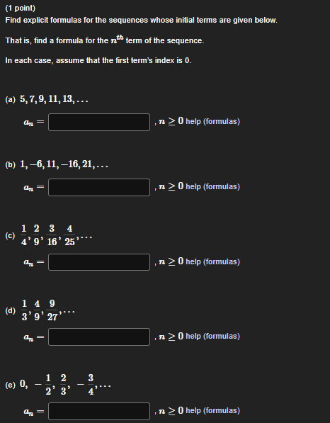 Solved (1 ﻿point)Find explicit formulas for the sequences | Chegg.com