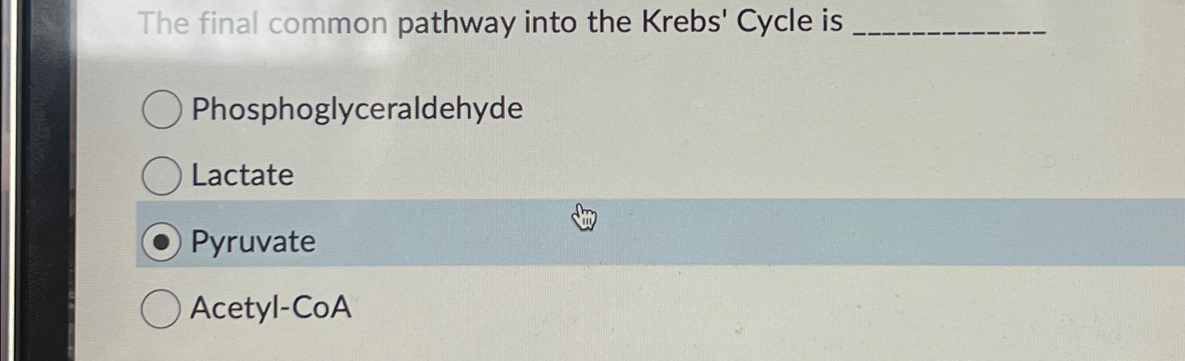 Solved The final common pathway into the Krebs' Cycle | Chegg.com