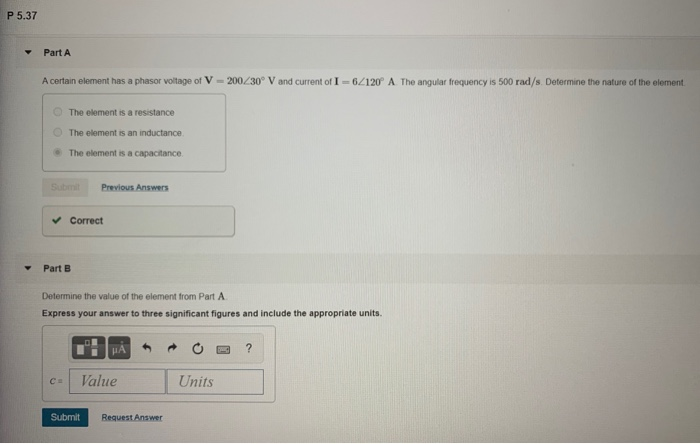 Solved P5.37 Part A A certain element has a phasor voltage | Chegg.com