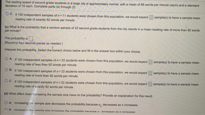 Solved The reading speed of second grade students in a large | Chegg.com