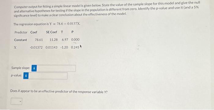 Solved Computer Output For Fitting A Simple Linear Model Is 2981