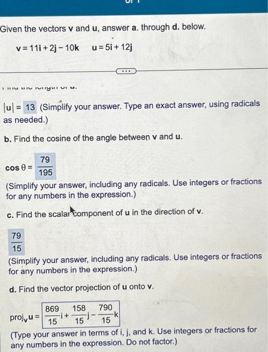 Solved Given the vectors v and u, answer a. through d. | Chegg.com