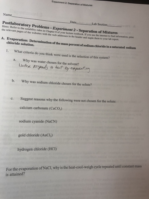 Solved Experiment 2: Separation of Miodures Name Date Lab | Chegg.com