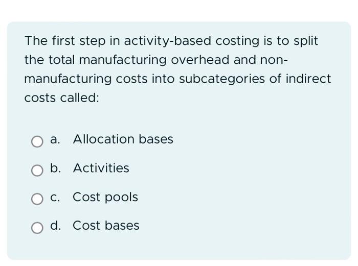 Solved The first step in activity-based costing is to split | Chegg.com