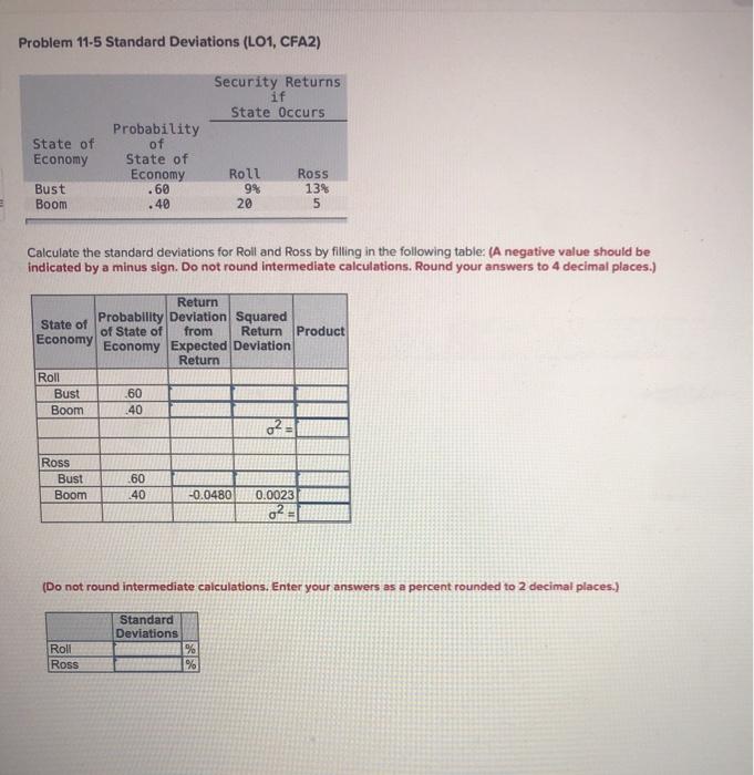 Solved Problem 11-5 Standard Deviations (L01, CFA2) Security | Chegg.com