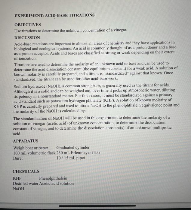 Solved EXPERIMENT: ACID-BASE TITRATIONS OBJECTIVES Use | Chegg.com